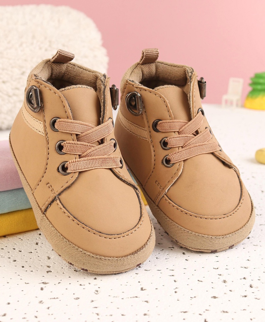 Babyoye Lace Up Closure Solid Color Booties - Beige (3-6 Months) | Jeevee