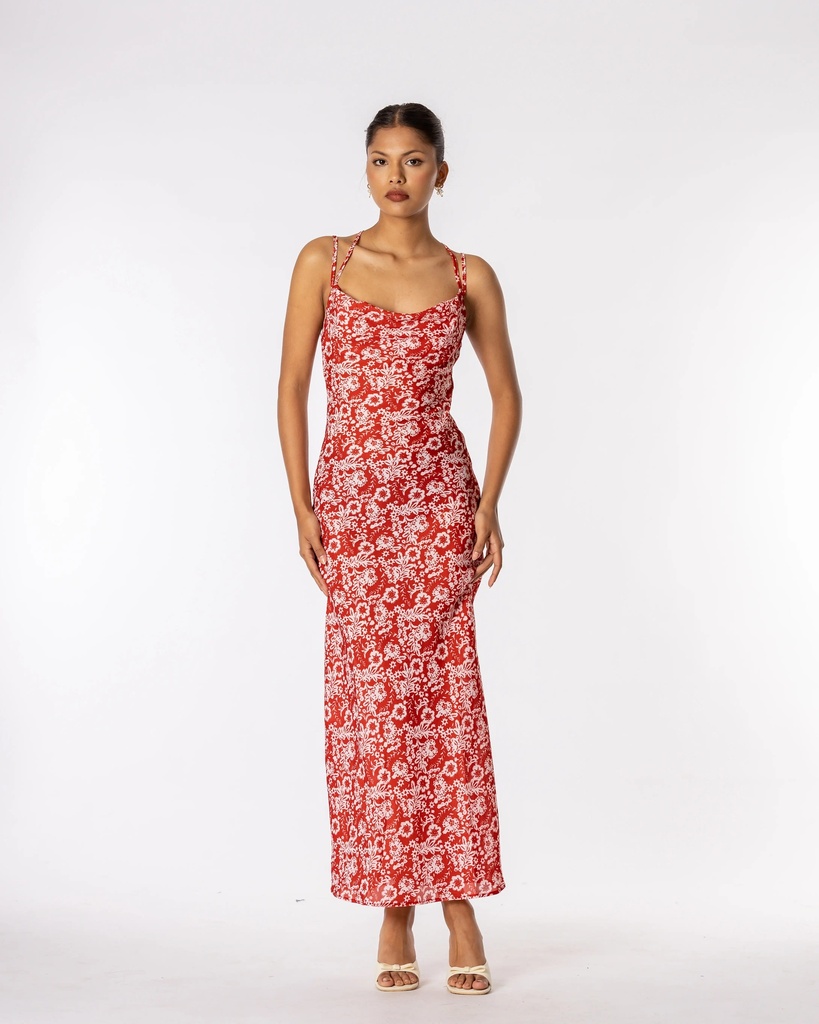 Salt Floral Bloom Thin Strap Long Dress - Red (xs) | Jeevee